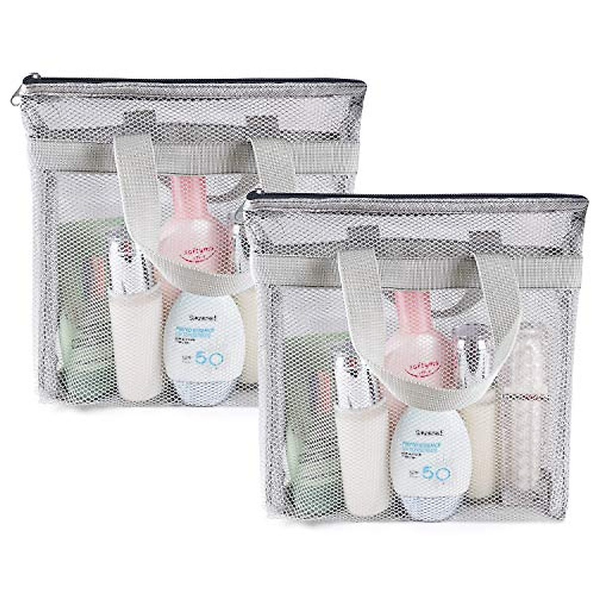 2 Pcs Portable Shower Mesh Caddy Bag Quick Dry Hanging Toiletry and Bath Organizer for Travel and Swimming with Zipper (2 Gray)