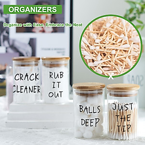 FyndraX Bathroom Organizer Holder Jars Set of 4, Funny Decor Qtip Glass Canister Containers for Guest Room, Restroom and Washroom Storage of Cotton Ball, Cotton Swab, Cotton Round Pads, Floss
