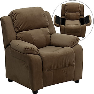 EMMA + OLIVER Deluxe Padded Brown Microfiber Kids Recliner with Storage Arms