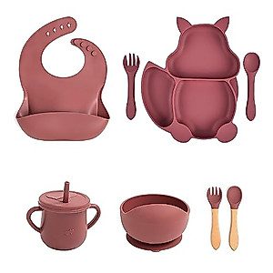 Silicone Baby Feeding Set, Baby Led Weaning Supplies with Suction Plate and Bowl, Toddler Plates and Bowls Set with Spoons Forks Sippy Cup Adjustable Bib, Eating Utensils