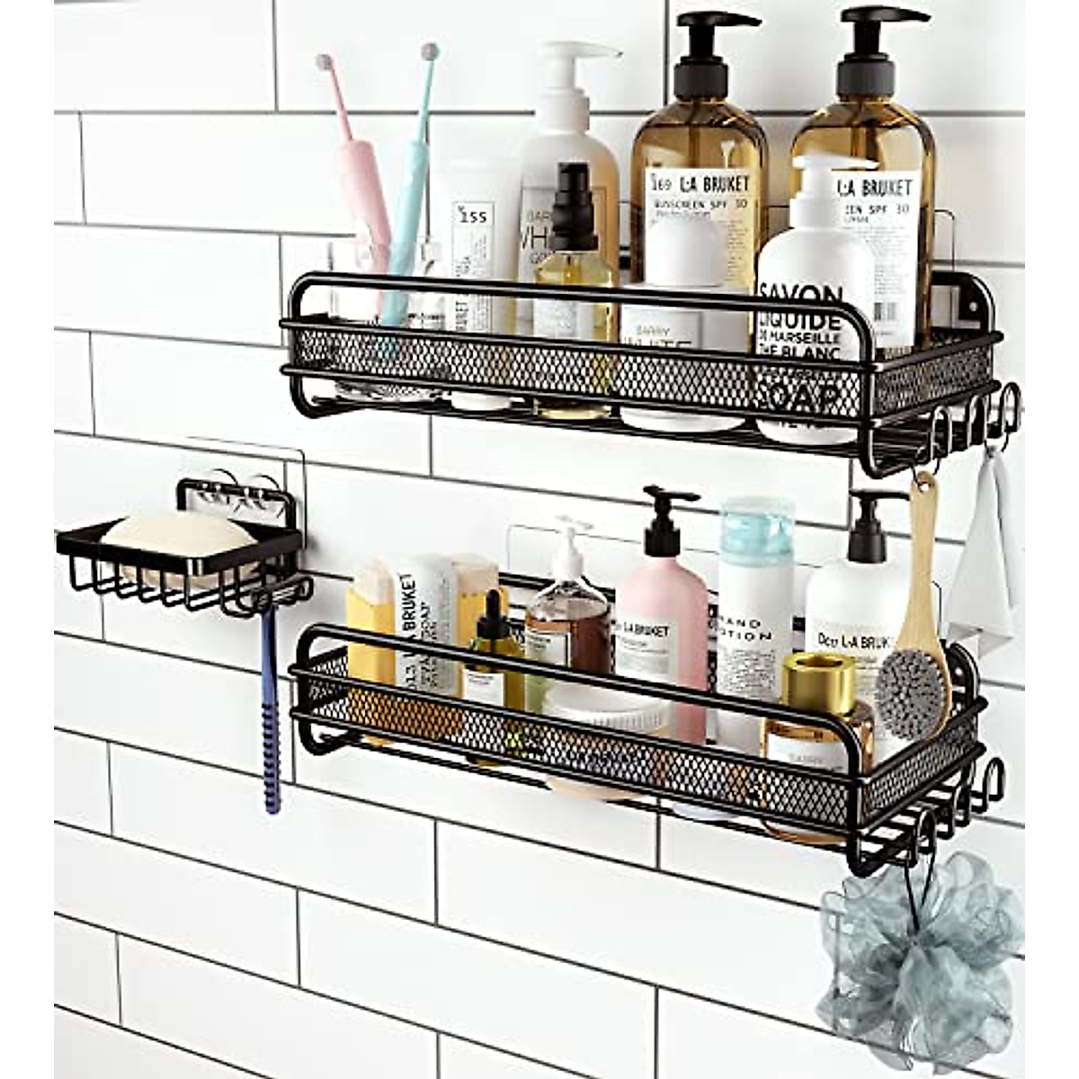 RelaxScene Shower Caddy Shelf - Self Adhesive 3-Pack Bathroom Shower Organizer Suction Storage with Soap Holder Shower Shampoo Holder Shelves Rack for Inside Shower Black