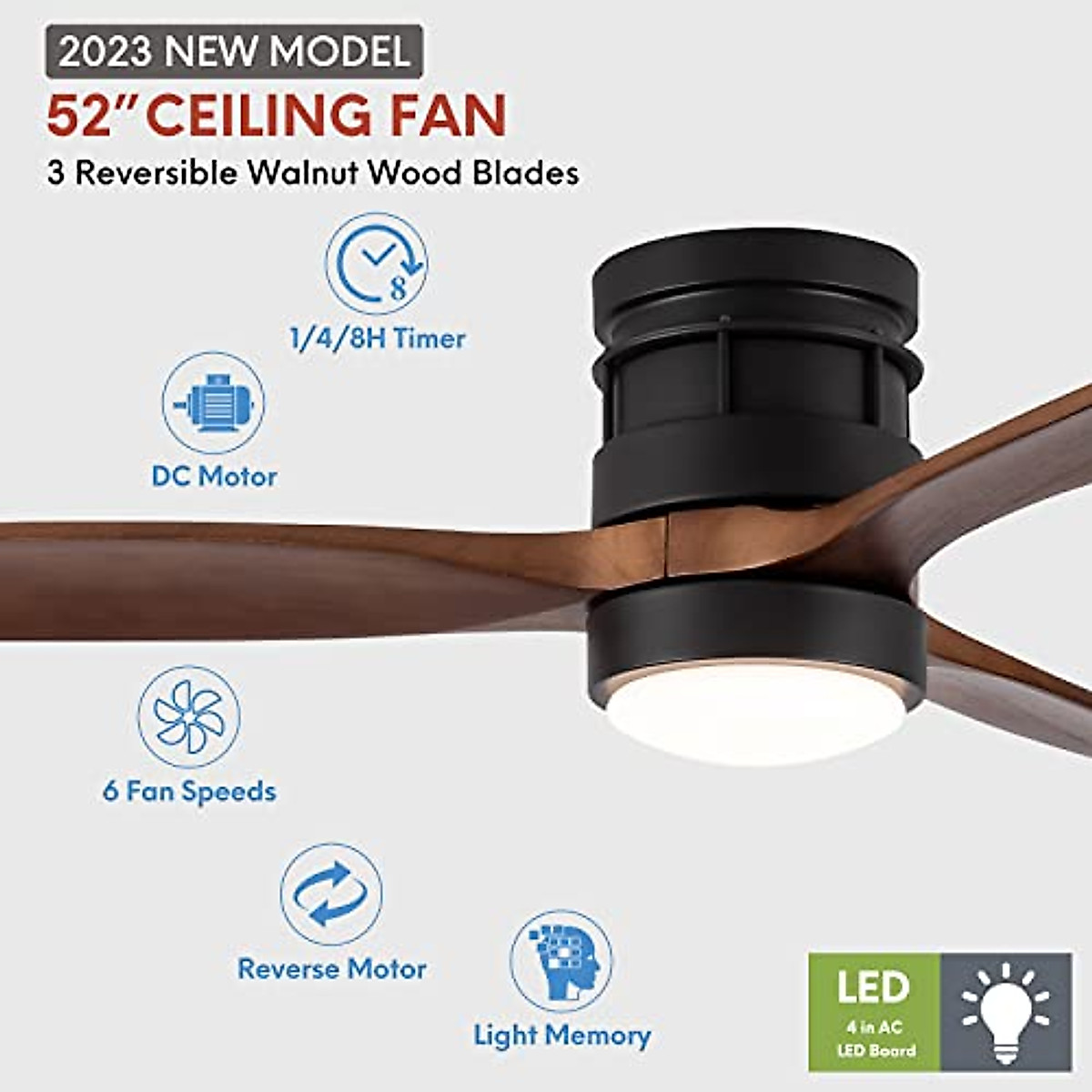 EKIZNSN 52 Inch Modern Outdoor Flush Mount Ceiling Fan with Lights Remote Control, Low Profile Wood Ceiling Fan with 3 Blades for Bedroom/Living Room, Walnut Wood