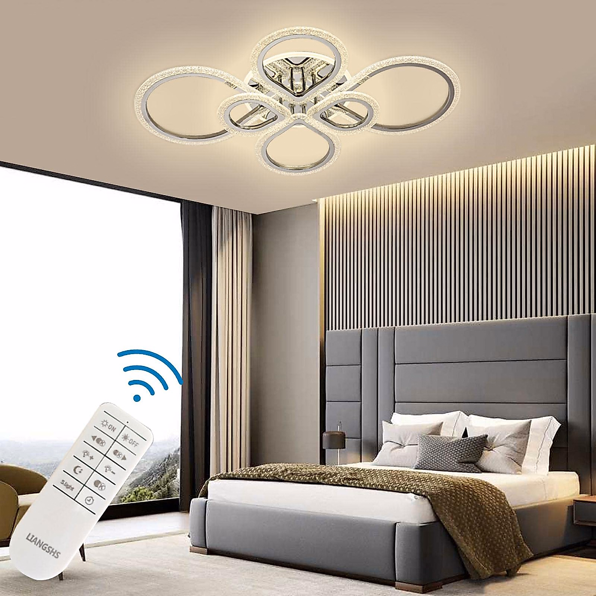 Modern Ceiling Light Fixture LED Chandelier Remote Control Dimmable 3000K-6500K Metal Polished Acrylic Flush Mount Lamp Suitable Living Room Bedroom Dining Room Kitchen (Polished Chrome, 6 Rings)