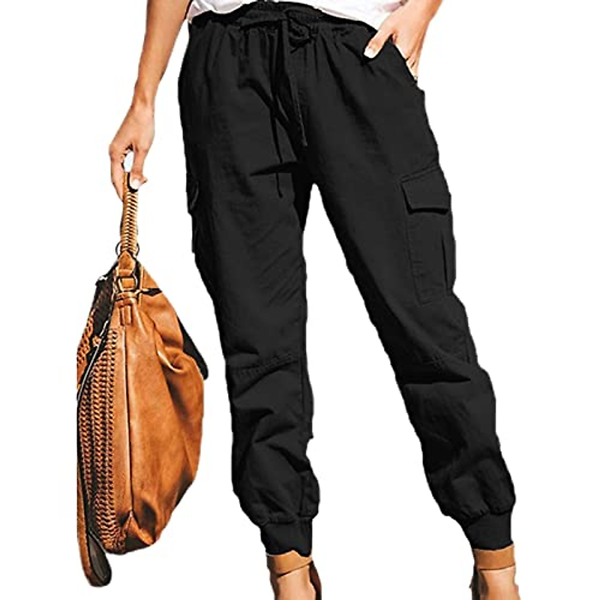 wmjolc Women's Cargo Pants Cotton Casual Joggers Pants Outdoor Combat Work Trousers Drawstring Waist Sweatpants with Pocket Black