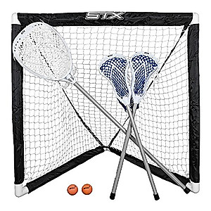 STX FiddleSTX Three Player Game Set with Two Field Player Sticks One Goalie Stick Mini Goal and Balls , White/Grey