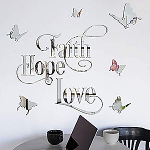 Faith Hope Love 3D Acrylic Mirror Wall Stickers, HOLENGS 3D Butterfly Mirror Surface Peel and Stick Removable Motivational Letter Wall Decals, Crystal DIY Wall Decor for Home Living Room Bedroom