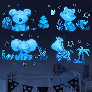 Safari Animal Wall Decals Glow in The Dark Wall Decals Jungle Zoo Wall Stickers Peel and Stick Cartoon Forest Animals Fox Bear Elephant Zebra Decal for Kids Boys Girls Nursery Bedroom Playroom Decor