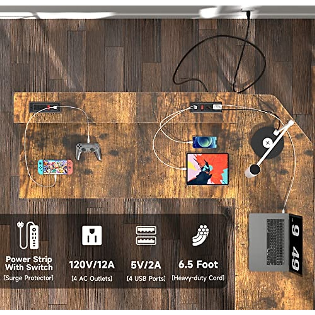 Computer Desk with Power Outlet and Lift Top, 55" L Shaped Gaming Desk, DORPU Corner Desk with Monitor Shelf and USB Port, L Shape Standing Desk Adjustable Sit to Stand Desk with Shelves, Rustic Brown