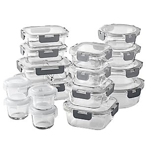 COOK WITH COLOR Premium 32-Pc. Borosilicate Glass Food Container Set with Dividers - 4 Rectangles, 8 Rounds, 4 Squares - Leakproof Lids - Meal Prep, Storage