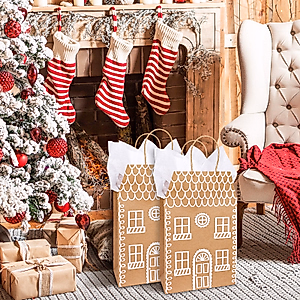 JarThenaAMCS 12Pcs House Shaped Gift Bags Winter Snow House Kraft Paper Bags with Tissue Paper Rustic Christmas Candy Treat Bags for Xmas Holiday Housewarming Estate Agent Gifts