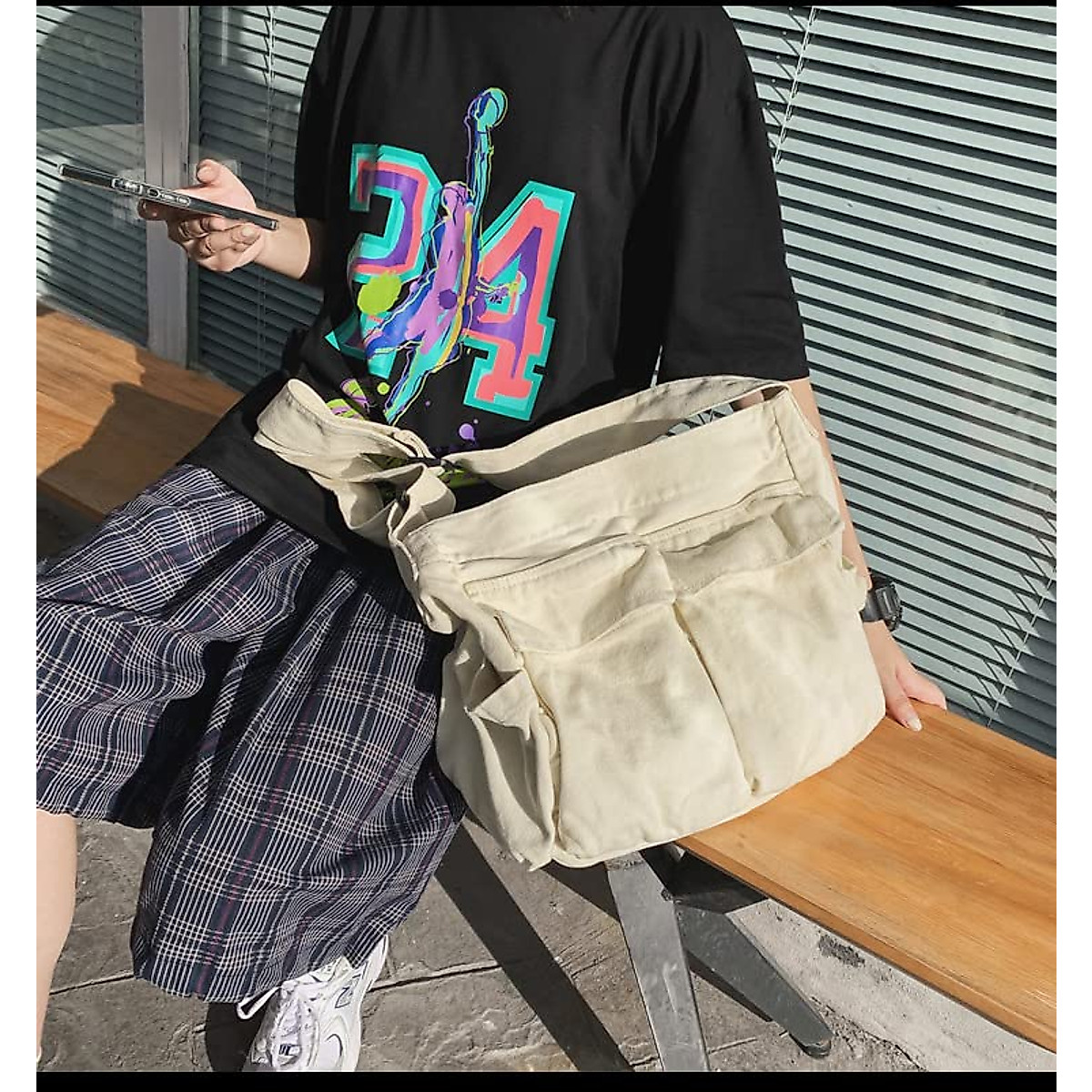 Canvas Messenger Bag Large Crossbody Bag with Multiple Pockets Canvas Shoulder Tote Bag for Women and Men (White)