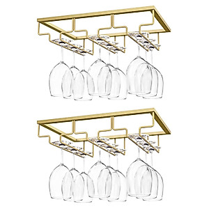 Nuovoware Wine Glass Rack, [2-Pack] Wine Glass Hanger Rack Under Cabinet Stemware Wine Glass Holder Storage Hanger for Bar Kitchen Cabinet (3 Rows) - Gold