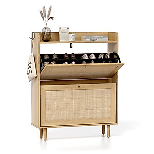 EYYTHUNG Shoe Cabinet with 2 Flip Drawers, Rattan Farmhouse Shoe Organizer, Boho Wooden Hidden Slim Narrow Shoe Rack Cabinet for Entryway, Hallway, Natural Oak