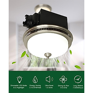 Akicon Exhaust Fan, Ultra Quiet 110CFM 1.5 Sones Ventilation Exhaust Bathroom Fan with Light and Nightlight, 3 Years Warranty (Brushed Nickel)