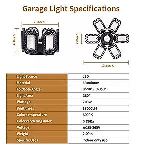 Rufbjkd LED Garage Light, 200W LED Shop Light, Super Bright Deformable LED Garage Ceiling Light with 6 Adjustable Panels, Ideal for Workshop/Attic/Barn/Basement (2 Pack)