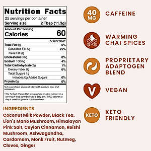 Mushroom Chai Tea Latte Mix by Moontower – Superfood Adaptogenic Mushroom Drink Powder with Ashwagandha, Lions Mane, Reishi, Organic Spices, & Black Tea, Coffee Alternative, Keto, Dairy Free, 10 oz