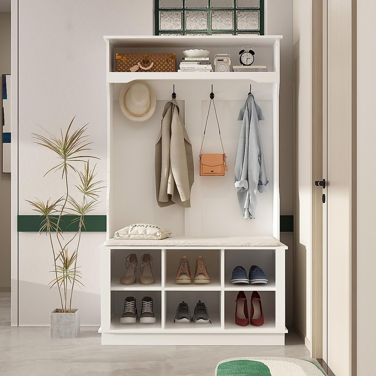 AIEGLE Entryway Hall Tree with Shoe Bench, 3-in-1 Hallway Hall Tree with Coat Rack, 6 Shoe Storage Cubes and 4 Hanging Hooks, White (39.8" L x 17.3" W x 67.1" H)