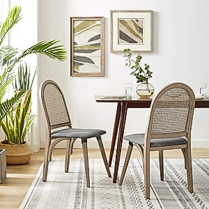 Art Leon Mid Century Modern Linen Upholstered Dining Side Chair with Rattan Woven Backrest, 1 Pcs, Dark Grey