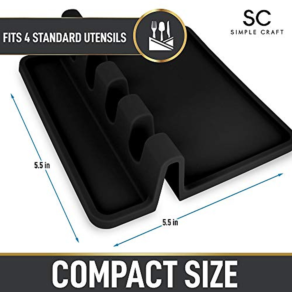Simple Craft Silicone Utensil Rest with Drip Pad for Multiple Utensils - Heat-Resistant, Spoon Rest & Spoon Holder for Stove Top, Kitchen Utensil Holder for Spoons, Ladles, Tongs (Black)