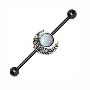 BodyJewelryOnline Surgical Steel Black Industrial Earrings 14g Opal Moon Industrial Piercing Jewelry Moon Charm Industrail Bar Piercing Cartilage Earring