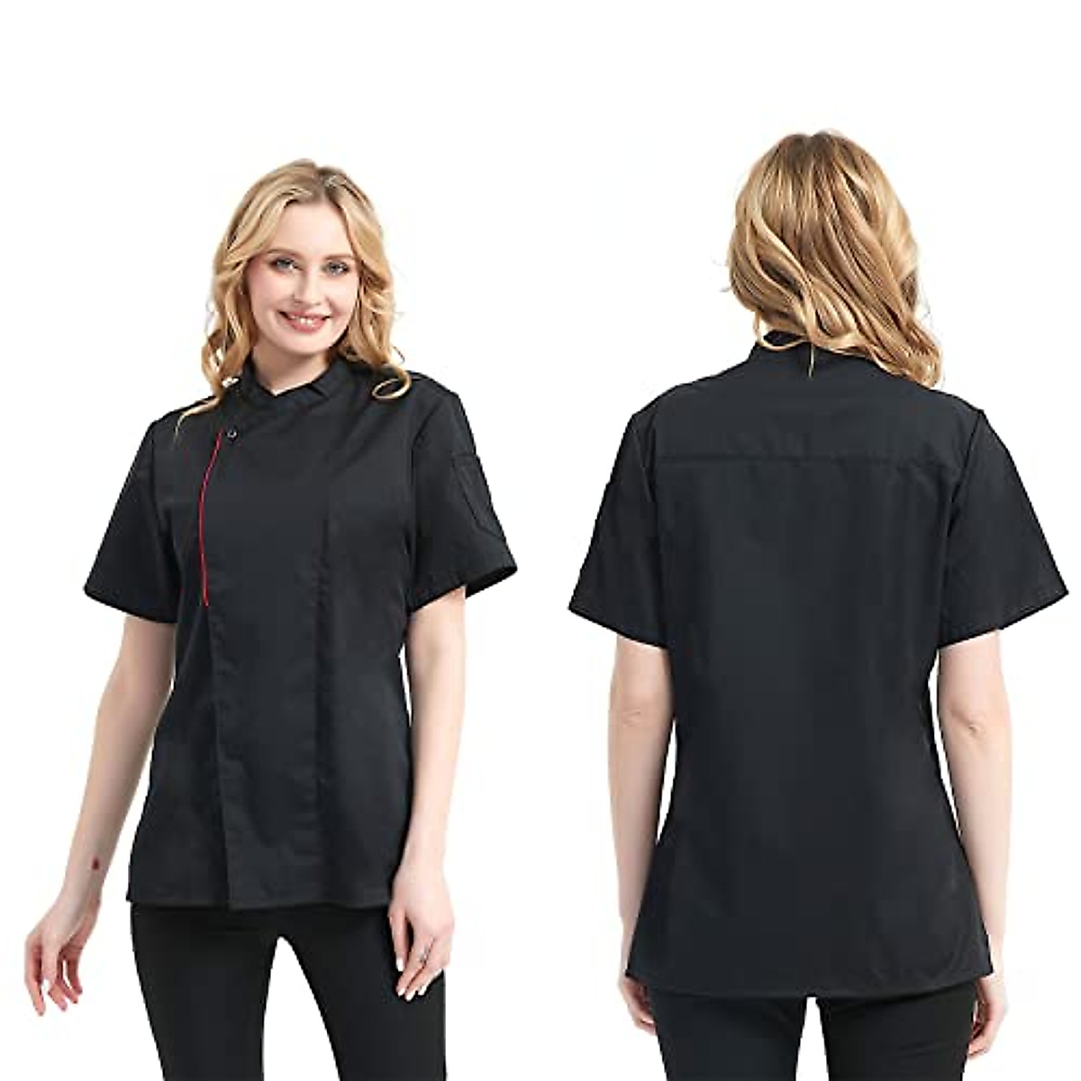 TopTie Women's Chef Coat With Contrast Piping Short Sleeve Chef Jacket