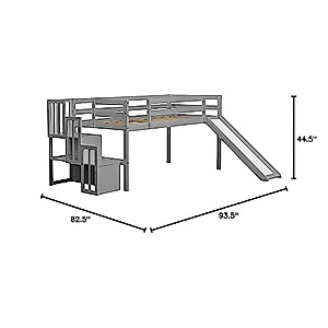 MOEO Twin Size Loft Bed with Slide and Stairs, Wood Bedframe Bedroom Guest Room Furniture,Safety Rail & Storage Shelves for Kids Teens Girls Boys, No Box Spring Needed, Gray