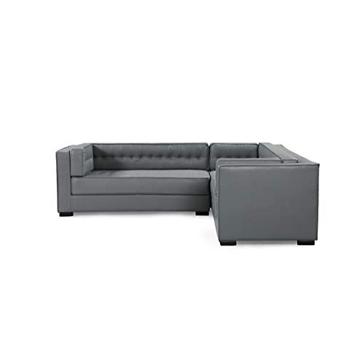 Iconic Home Lorenzo Right Facing Sectional Sofa L Shape PU Leather Upholstered Tufted Shelter Arm Design Espresso Finished Wood Legs Modern Transitional, Grey