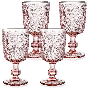 Tebery 4 Pack Pink Glass Wine Goblet Vintage, 10oz Colored Beverage Stemmed Glass Cups, Embossed Design Glassware Set for Water, Juice, Wine,Beer and Cocktails