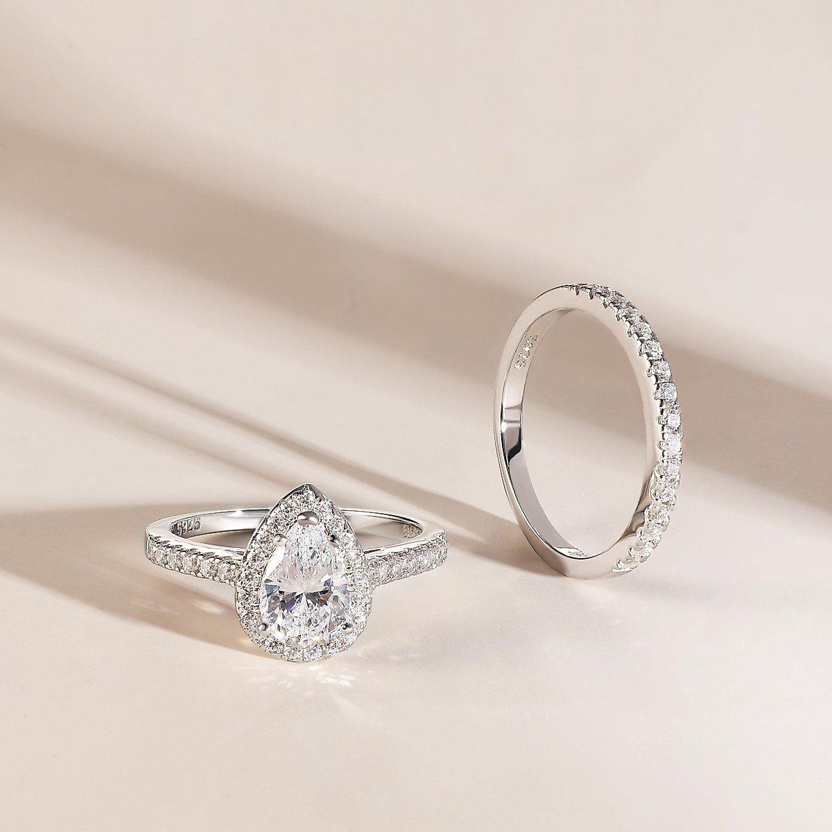 JALOKIVI 1.5CT 925 Sterling Silver Bridal Rings Sets for Women Pear Cut Halo Cubic Zirconia Engagement Ring Wedding Band Size 9