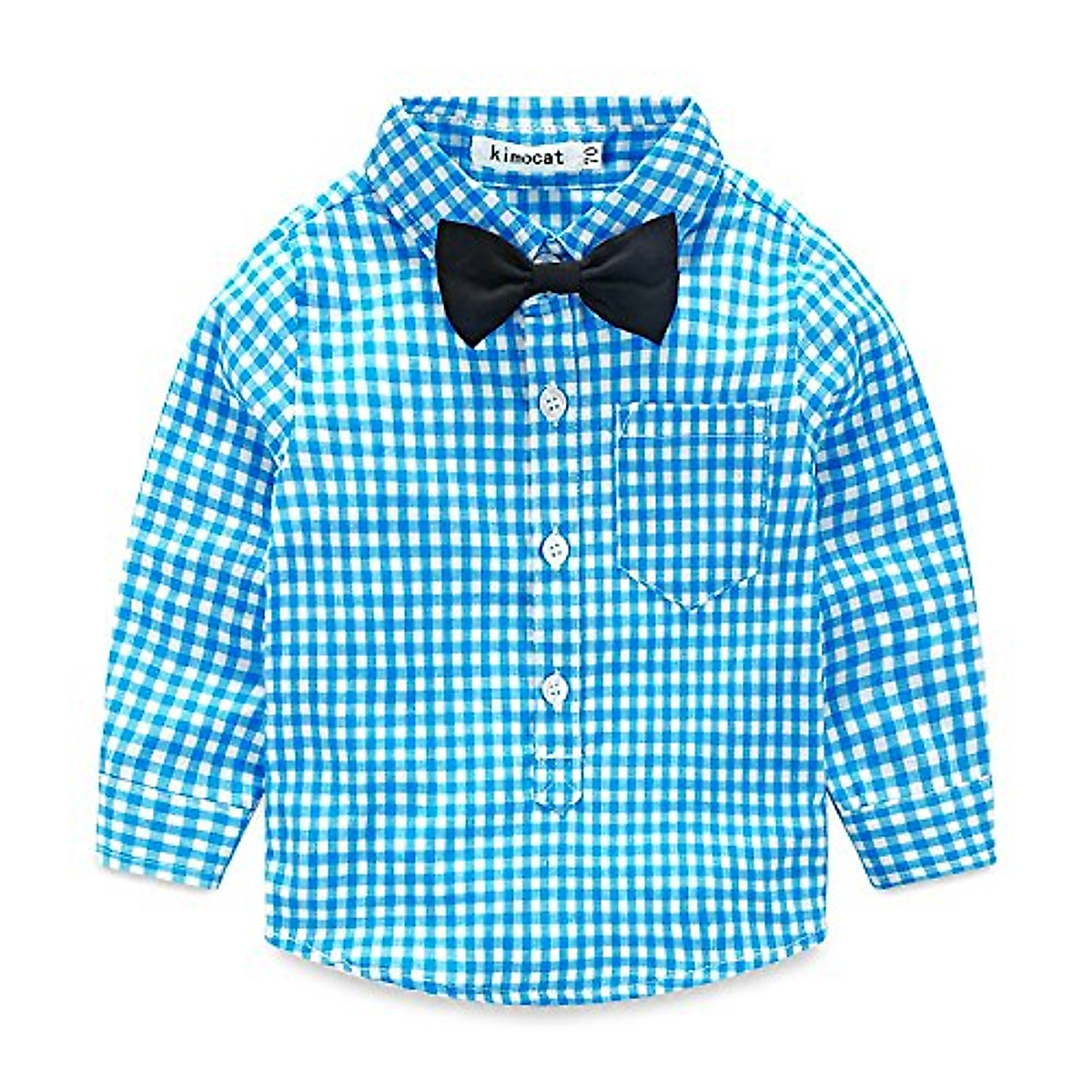 Kimocat Toddler Boy Clothing Sets Plaid Shirt Bowtie and Suspender Strap Pants Outfits (Blue, 0-6month(70#))