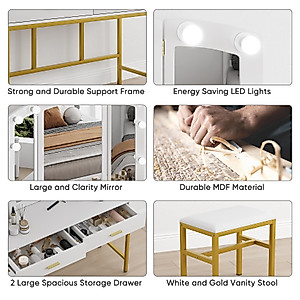 Semiocthome Vanity Desk with Mirror and Lights, Tri-Fold Large Mirror Makeup Vanity Desk with Lights, 60" Tall White Vanity Table with Mirror with Lights and Chairs, Vanities for Women/Girls Bedroom