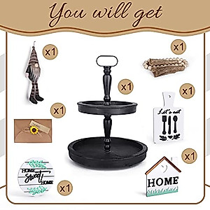 Two Tiered Tray Rustic Wooden Serving Tray Farmhouse Decor Tiered Tray Stand with Decorative Trays Sets Tiered Tray Decor Signs and Gonme Plush for Coffee Table Modern Home Decor or Cupcake Stand