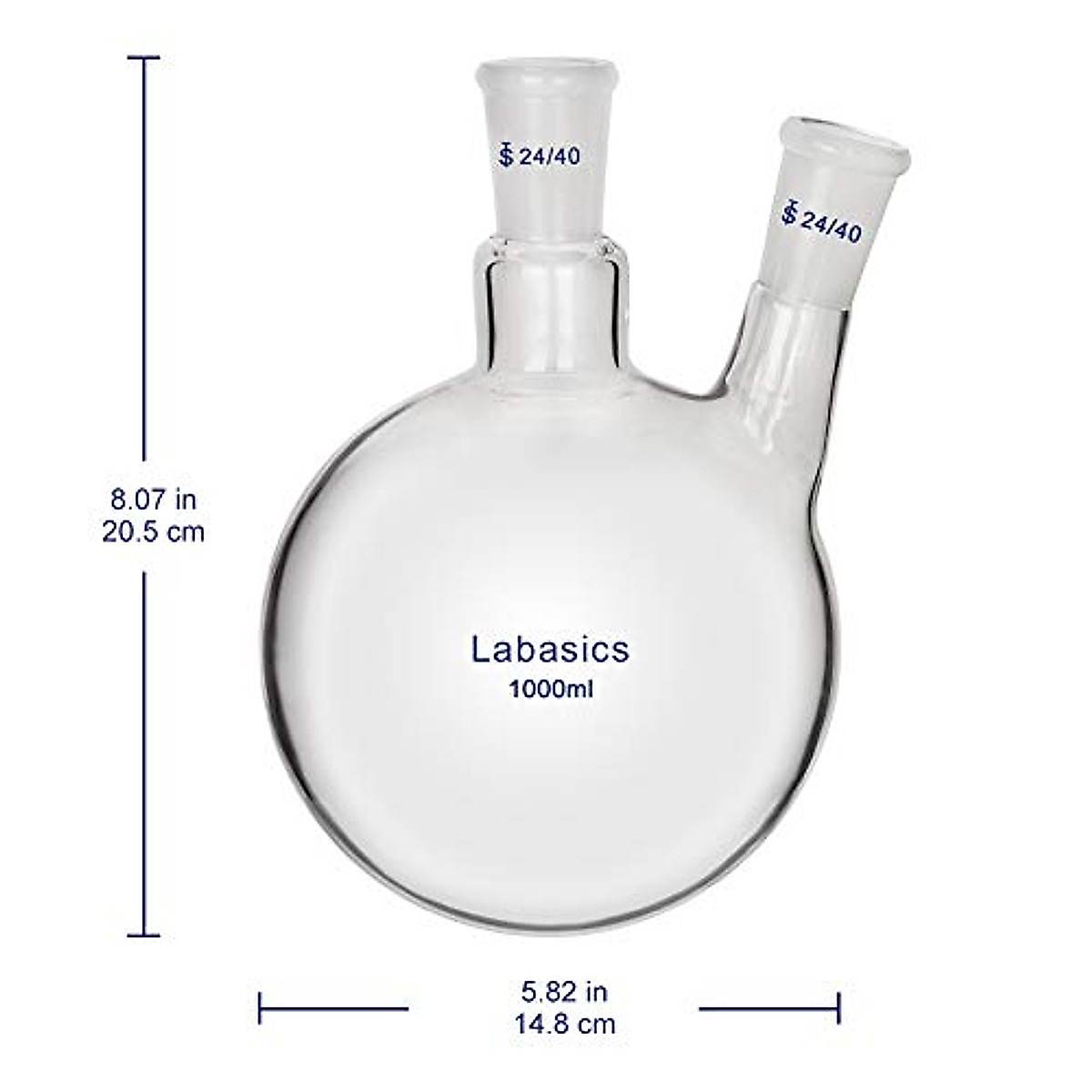 Labasics Glass 1000ml 2 Neck Round Bottom Flask RBF, with 24/40 Center and Side Standard Taper Outer Joint, 1000ml