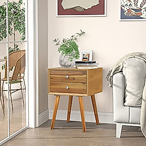 Giantex Nightstand with 2 Drawers Set of 2, Mid Century Modern Bedside Table with Solid Wood Legs, Practical End Side Table for Living Room Bedroom Small Space, Night Stand, Walnut