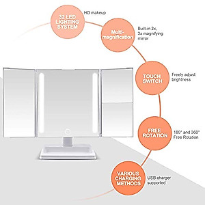 KXA Tri-Fold Makeup Mirror, Light Up Mirror/LED Lighted Make-Up Mirror 2 X 3X Magnifying Illuminated Cosmetic Mirror with LED Lights Desk Free Standing