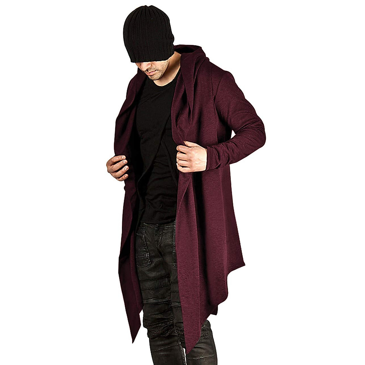 Poriff Mens Sleeveless Hooded Cardigan Asymmetrical Long Sweater Hooded Wine Red M
