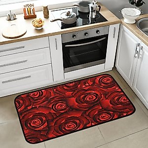KOBLEN Red Roses Flower Kitchen Rugs Non Slip Washable Absorbent Kitchen Mats 20x39 inch Cushioned Anti Fatigue Kitchen Floor Mats for in Front of Sink