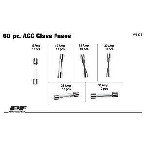 Performance Tool W5375 60pc AGC Glass Fuse Assortment (5A, 10A, 15A, 20A, 25A, and 30A) in a Clear Plastic Case