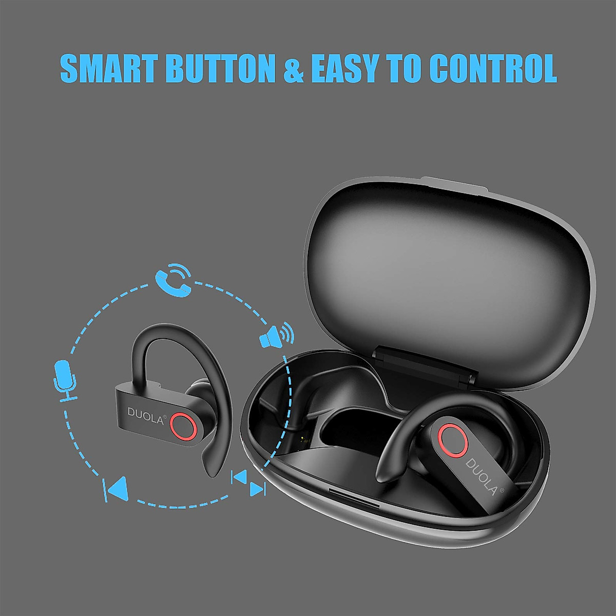 Duola Bluetooth 5.0 Earbuds with Ear Hook, Sport Wireless Headphones, Noise-Cancelling, 8 Hours Playtime, High Stereo-Sound Quality, Compatible with iOS/Android/Windows, Black