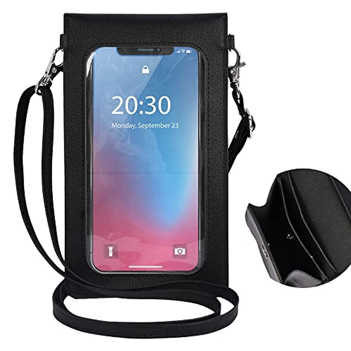 Ansxiy Black Leather Phone Purse with Clear Window, 6.7" Touchscreen Compatibility, Magnetic Closure & Waterproof - Crossbody Wallet Case with Shoulder Strap