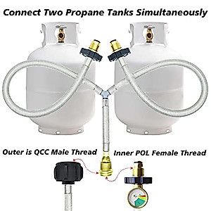 Upgrade Stainless Braided Y-Splitter Dual Propane Tank Converter Adapter Hose Connection Kit Two Way Propane Splitter POL Inlet&POL/QCC1 Regulator Exit Connect 5-100LBS Cylinder Tank for Grill, Heater