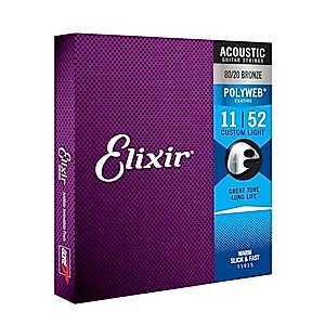 Elixir Strings, Acoustic Guitar Strings, 80/20 Bronze with POLYWEB Coating, Longest-Lasting Warm Tone with Comfortable Feel, 6 String Set, Custom Light 11-52