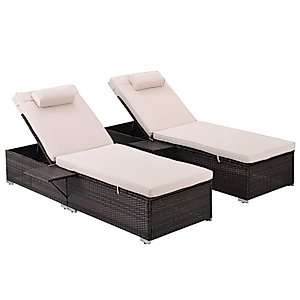 Outdoor Lounge Chairs Set of 2, PE Wicker Chaise Patio Brown Rattan Reclining Chair Furniture Set Beach Pool Adjustable Backrest Recliners with Side Table Head Pillow (White)