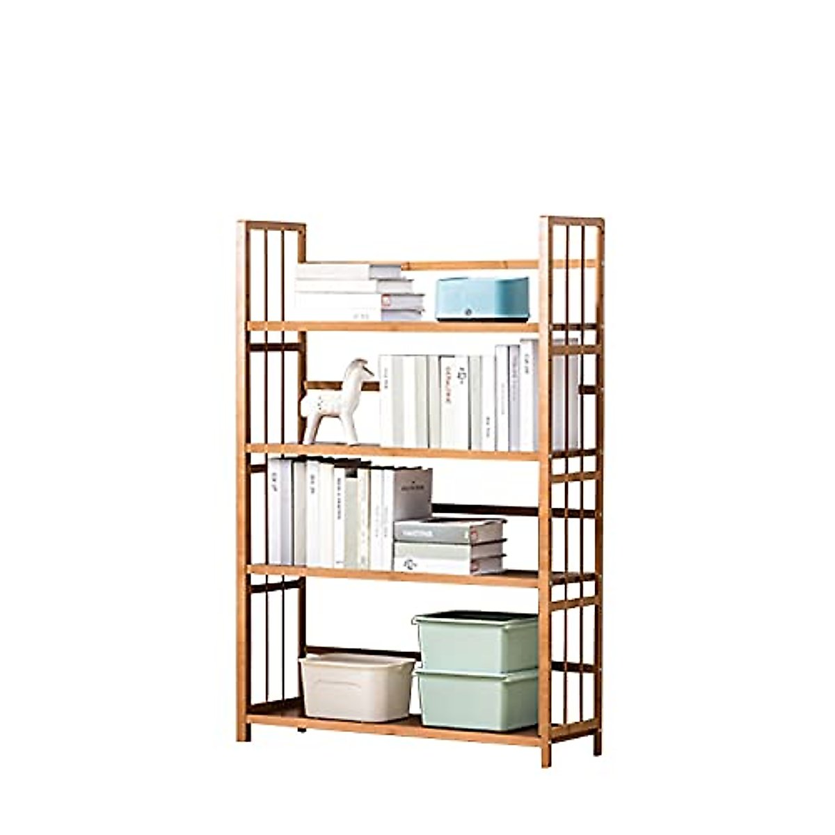 IOTXY Adjustable Bamboo Open Bookshelf - Medium 4-Tier Free Standing Storage Rack, Multifunctional Display Stand for Bookcase, Home and Office, Light Brown