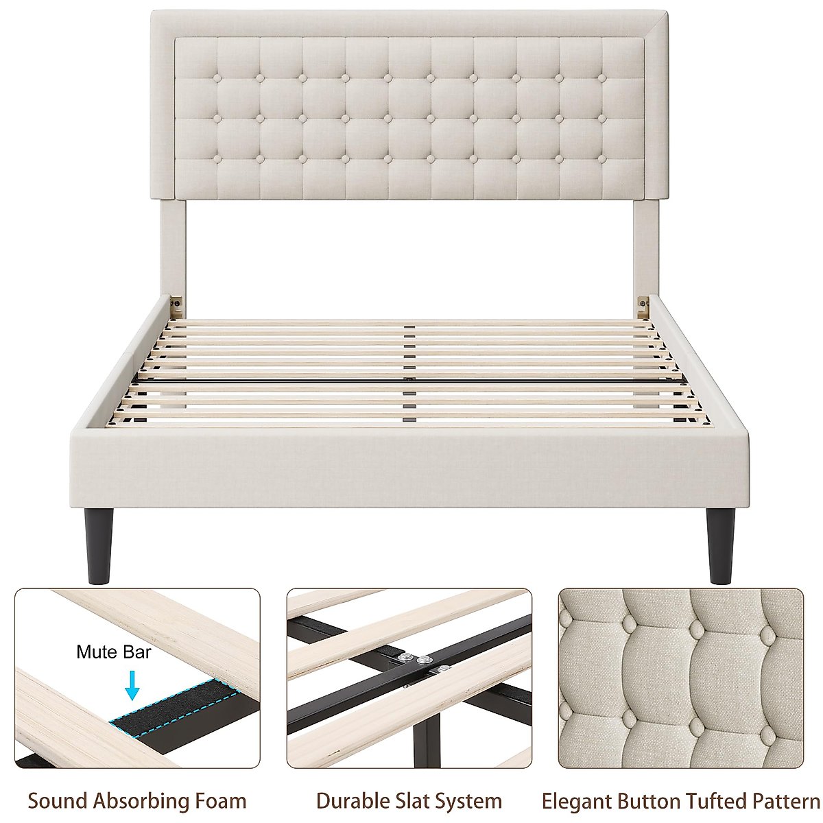 Keyluv Full Size Bed Frame with Button Tufted Headboard, Modern Fabric Upholstered Platform Bed Frame, Strong Wooden Slats Support, No Box Spring Needed, Beige