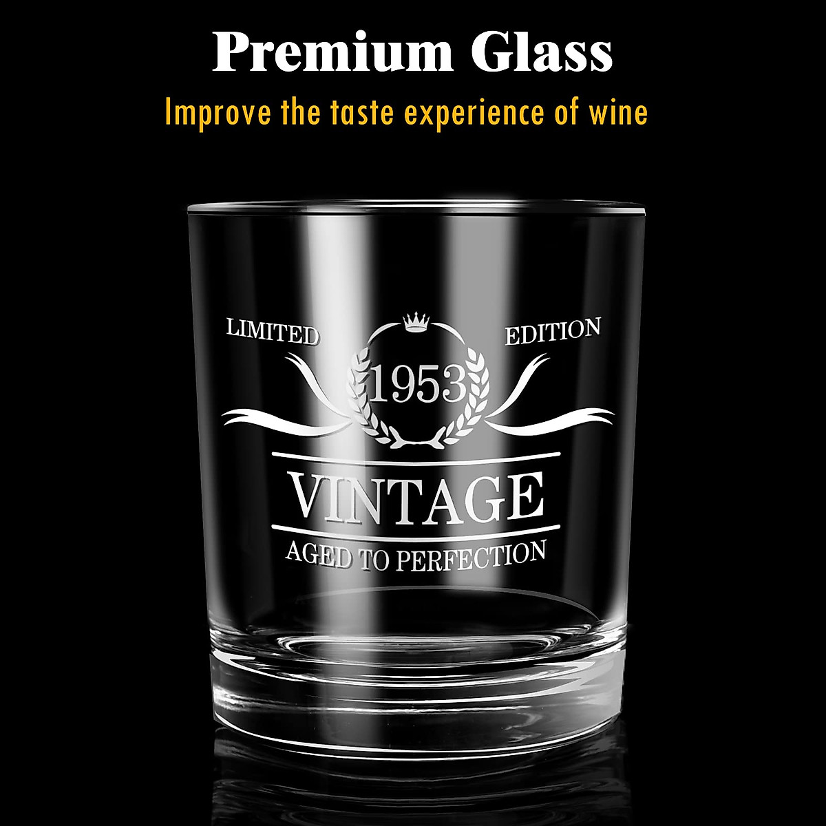 BEYOND MS 70th Birthday Gifts for Men - 70th Birthday Decorations for Men - 1953 Whiskey Glass in Valued Wooden Box - Anniversary Ideas for Him, Dad, Husband, Friends - 12oz Whiskey Glass