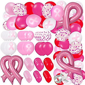 154 Pieces Breast Cancer Awareness Balloons Arch Garland Pink Ribbon Foil Balloons Decorations 18 12 10 5 inch Pink White Confetti Latex Balloons for Women Girls Survivor Campaign Party Supplies