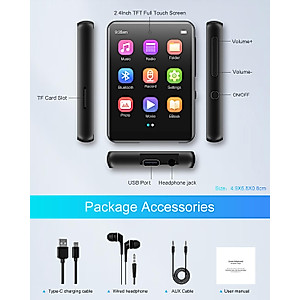 64GB Mp3 Player with Bluetooth, Full Touch 2.4 Screen MP3 and MP4 Player Built-in HD Speaker, FM Radio, Voice Recorder, Mini Design Sports Music Player Support Expansion (128GB) Black