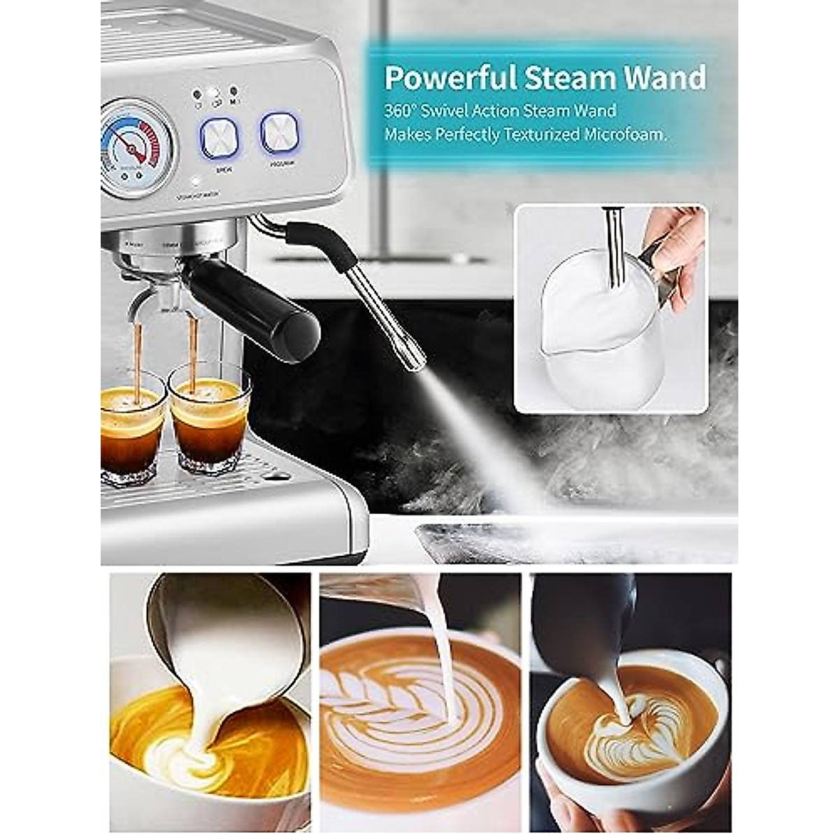 Gevi 20Bar Semi Automatic Espresso Machine With Grinder & Steam Wand – All in One Espresso Maker & Latte Machine for Home Dual Heating System