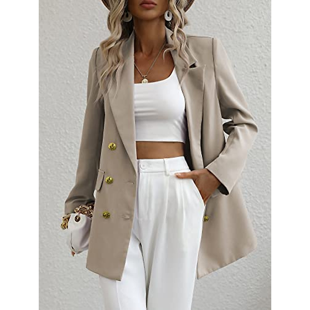 Lueluoye Women's Casual Blazers Long Sleeve Open Front Gold Button Work Office Blazer Jackets with Pockets Khaki M